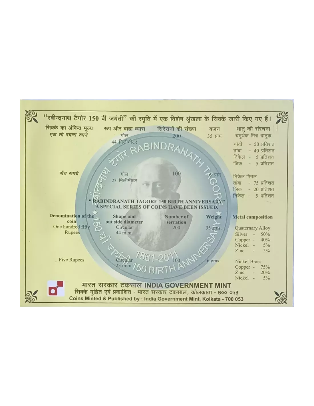 150 Rupees India Govt. Mint 150th Birth Anniversary Of Rabindranath ...